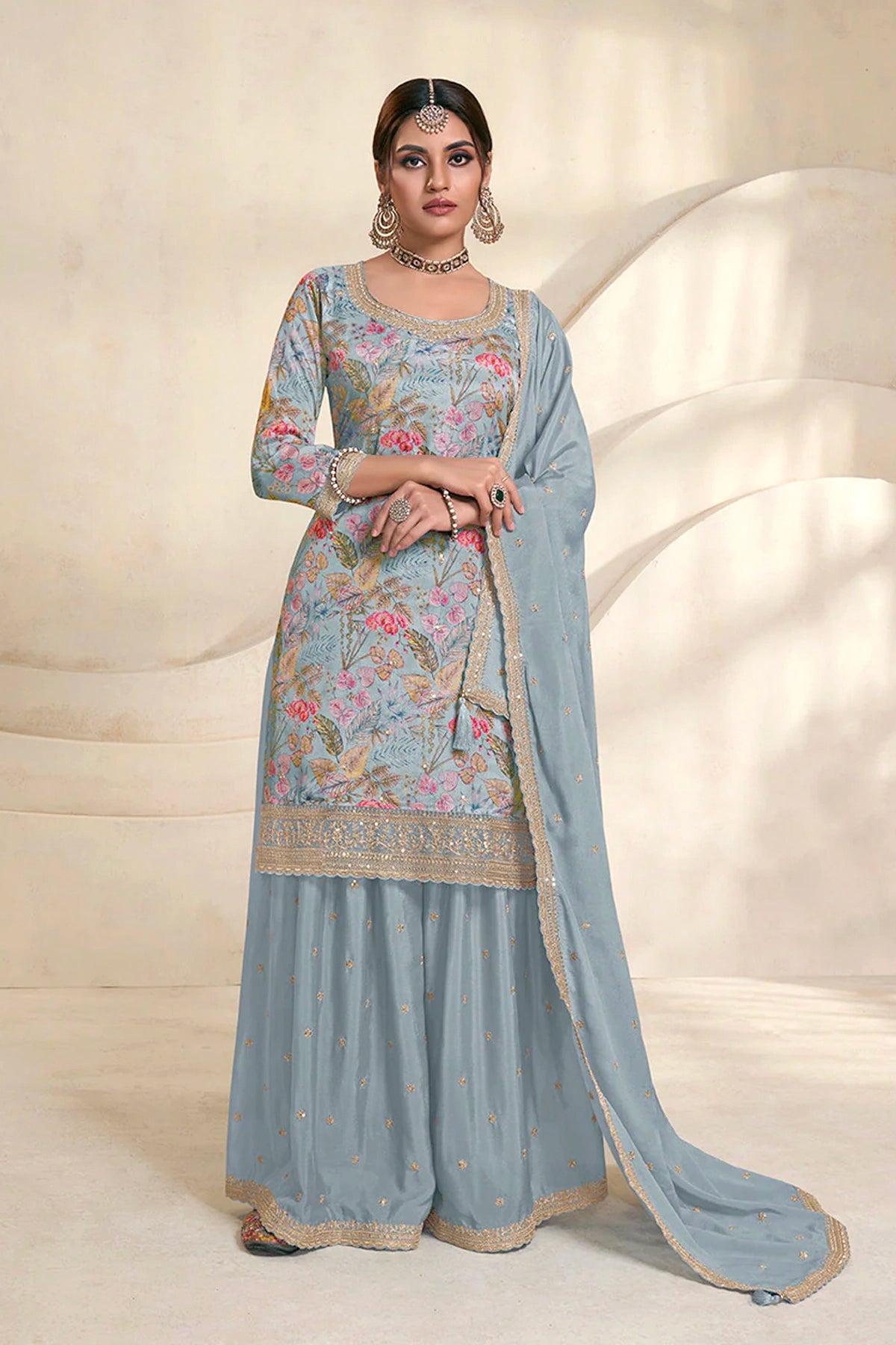 Buy Light Blue Embroidered Chinon Sharara Suit Set with Digital Floral ...