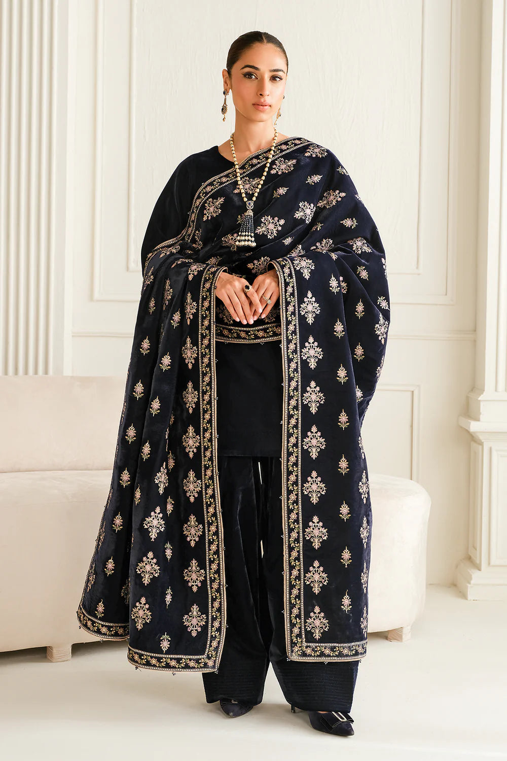 Buy Navy Heavy Embroidered Velvet Shawl With Lining Online ...